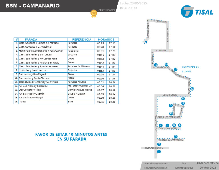 Horarios de Paradas BSM Campanario | PDF
