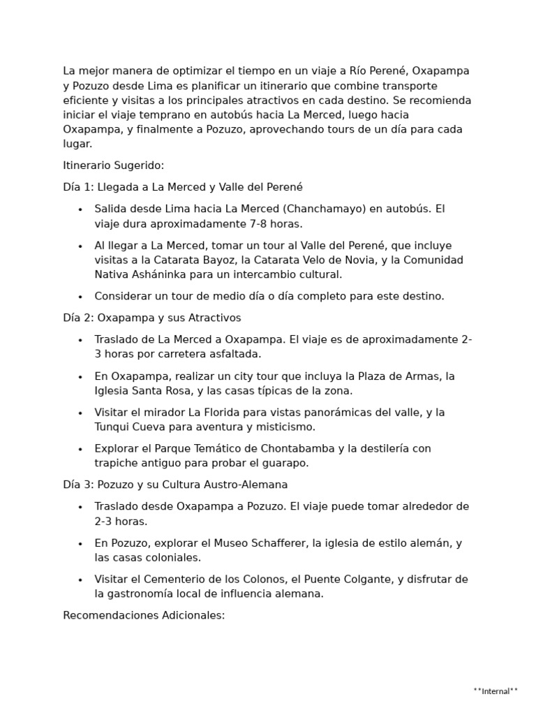 Itinerario de viaje a Río Perené y Pozuzo | PDF