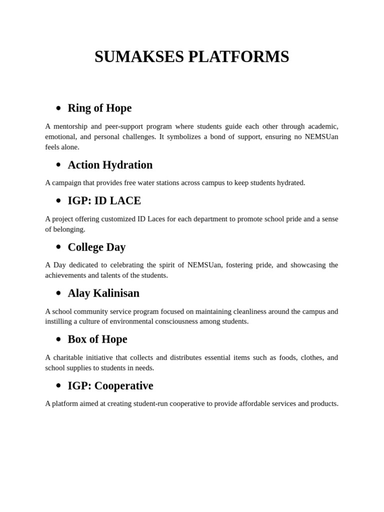 Platforms of Sumakses Party | PDF