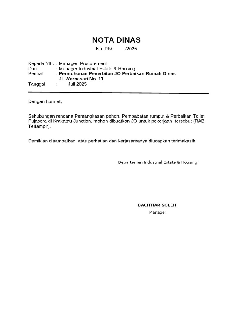 Nota Dinas Pembuatan JO (RAB) | PDF