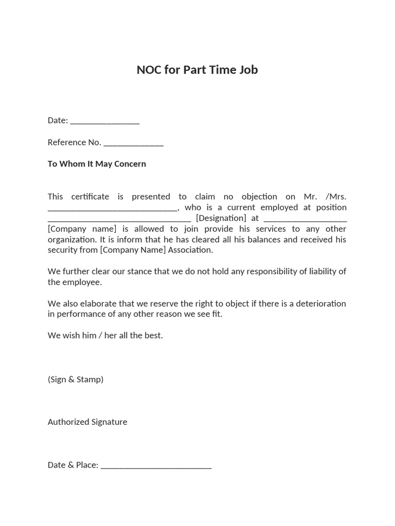 NOC for Part Time Employment | PDF