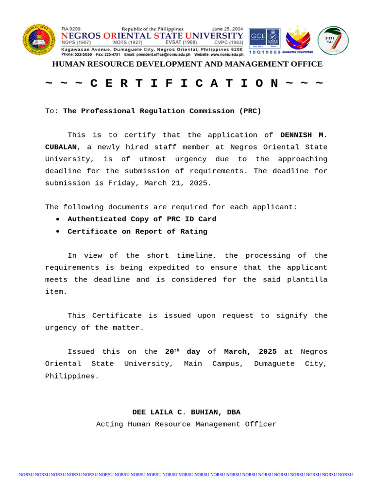 Certificate of Urgency For Norsu Newly Hired | PDF