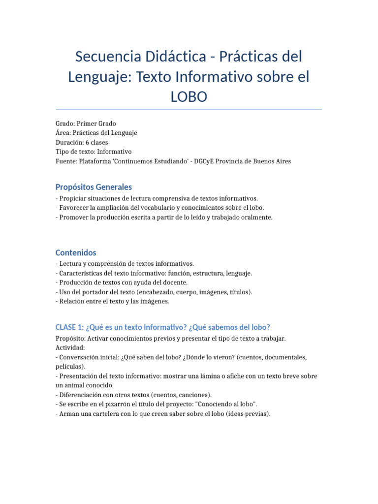 Texto Informativo sobre el Lobo para 1° Grado | PDF | Comunicación ...