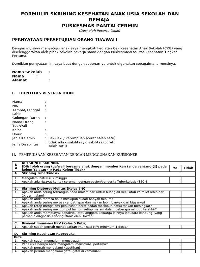 Formulir Skrining Kesehatan Anak Usia Sekolah Dan Remaja Puskesmas ...