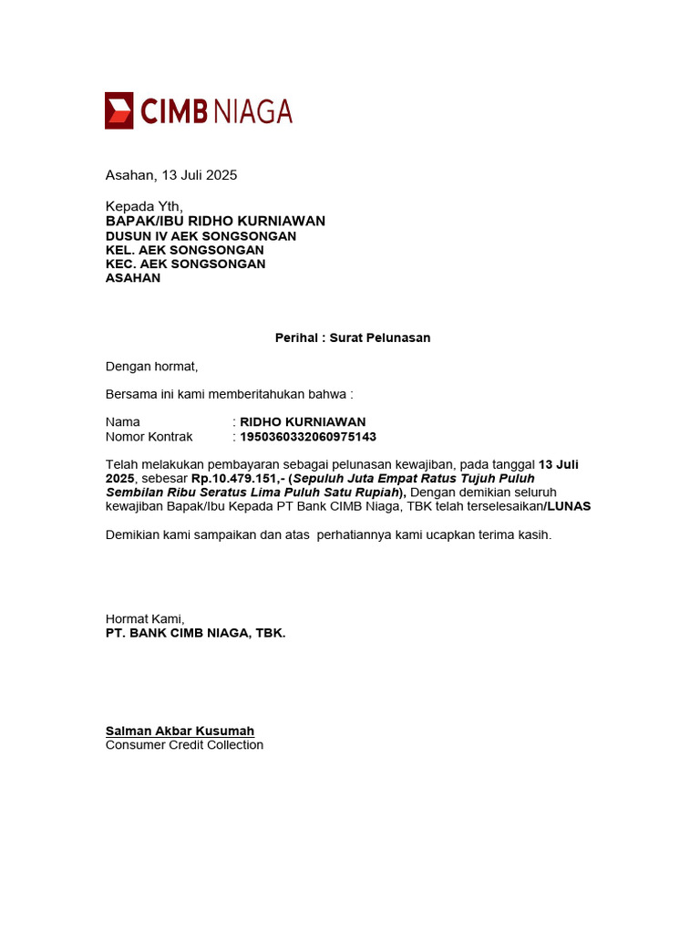 Surat Pelunasan CIMB Niaga | PDF