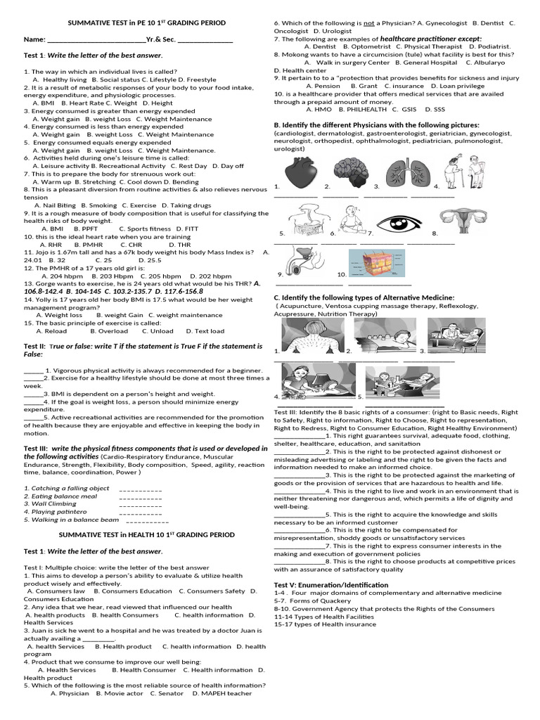 SUMMATIVE TEST in PE HEALTH 10 1ST GRADING PERIOD | PDF | Obesity ...