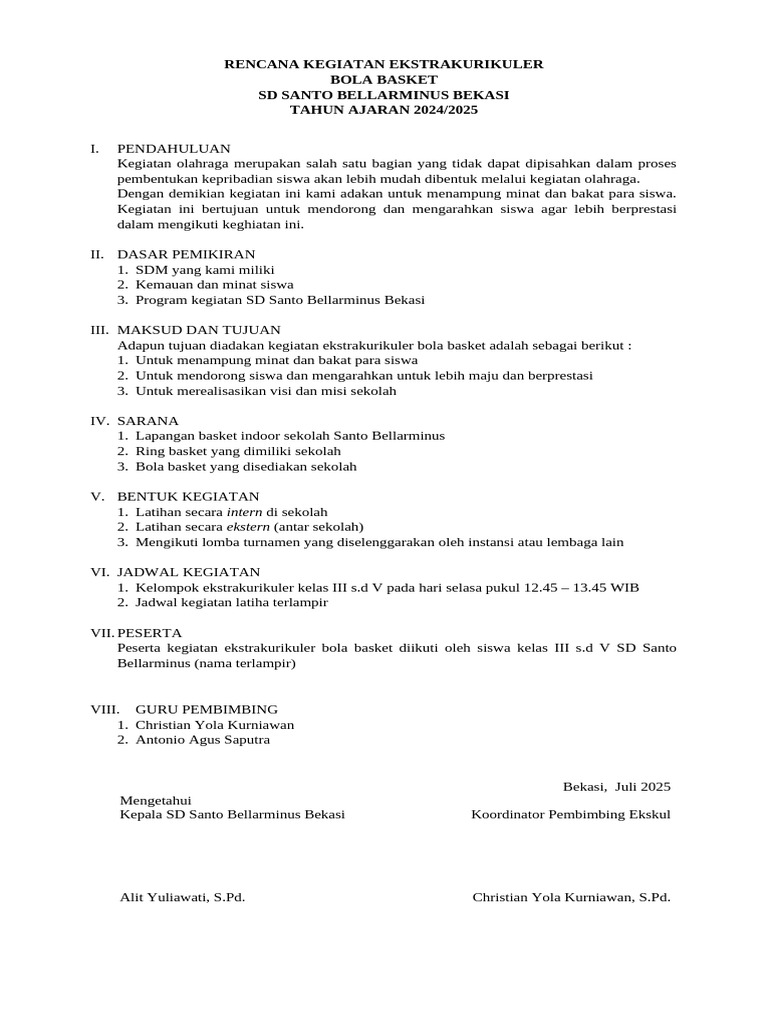 Program Ekstrakurikuler Basket SD Bellarminus | PDF