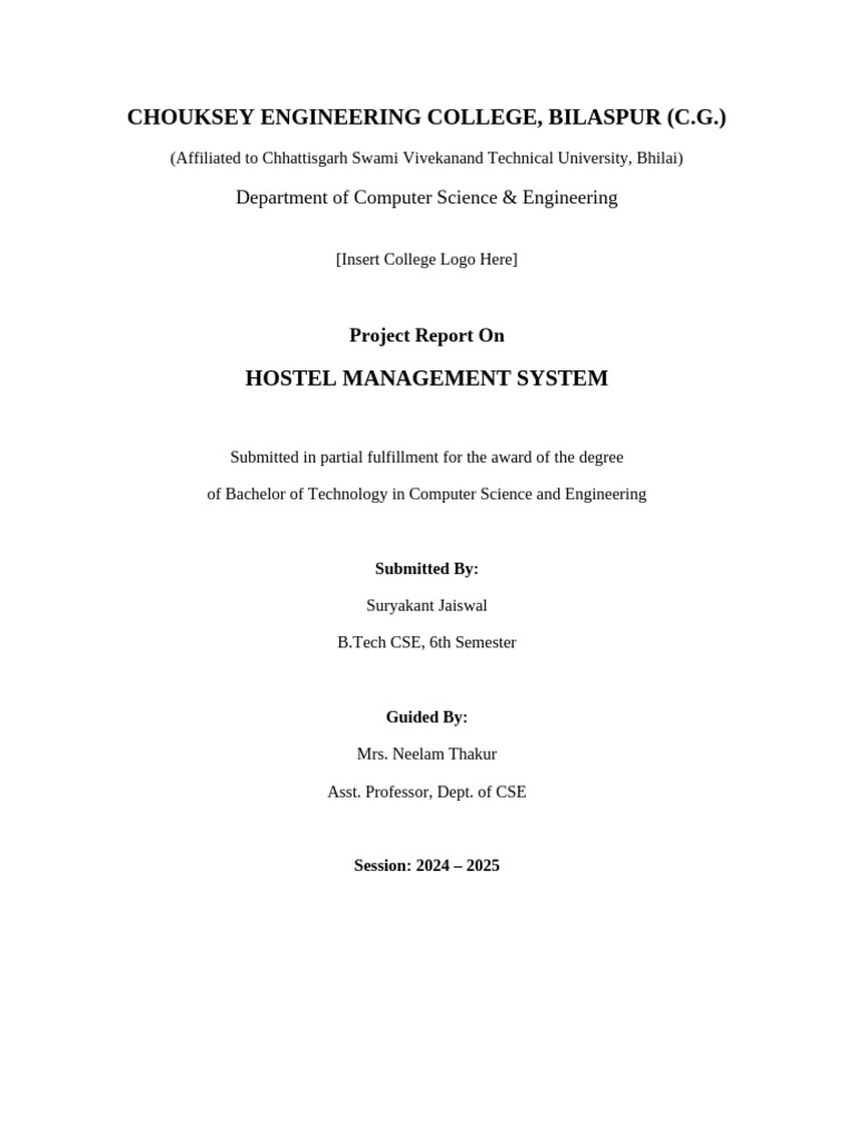 Hostel Management System Project Front Page | PDF