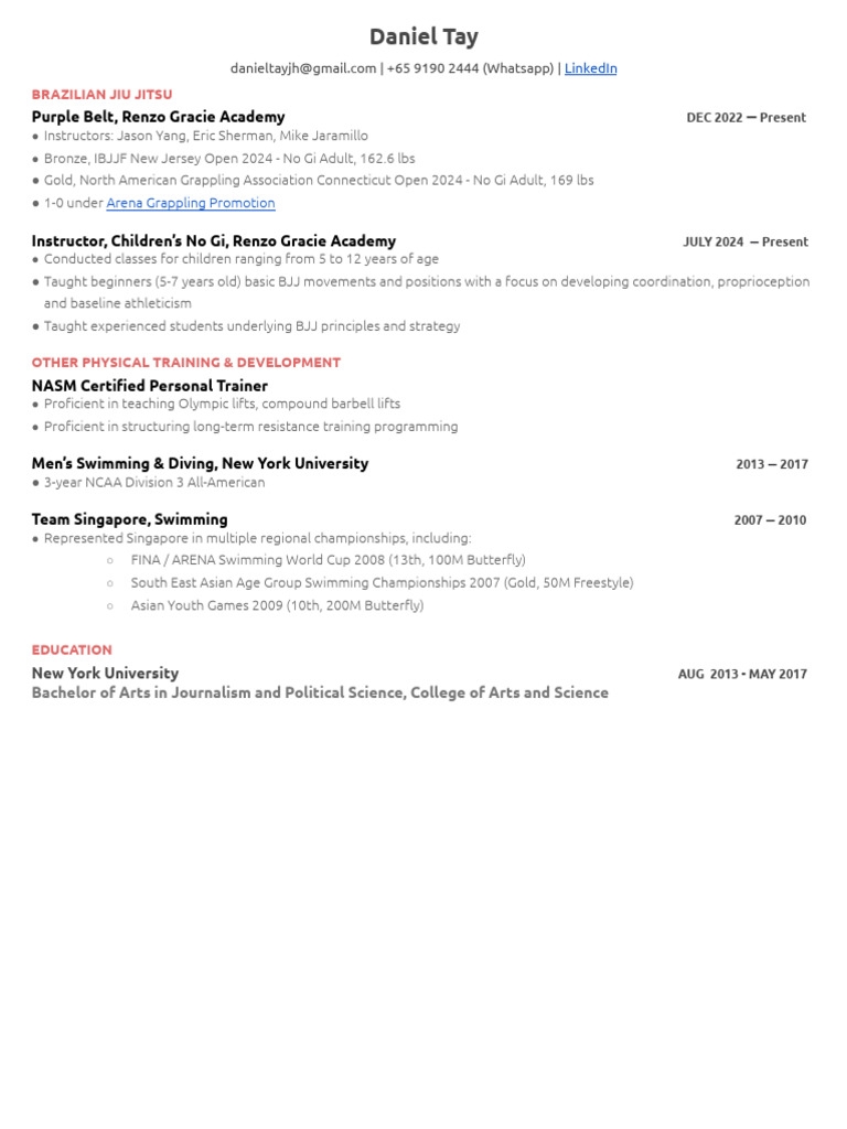 BJJ Resume Daniel Tay Nov 2024-3 | PDF