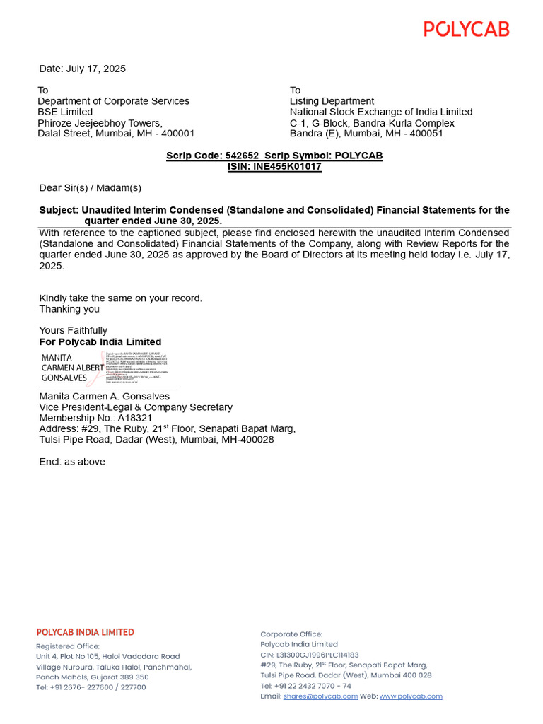 Polycab June q1 2025 Result | PDF | Equity (Finance) | Balance Sheet