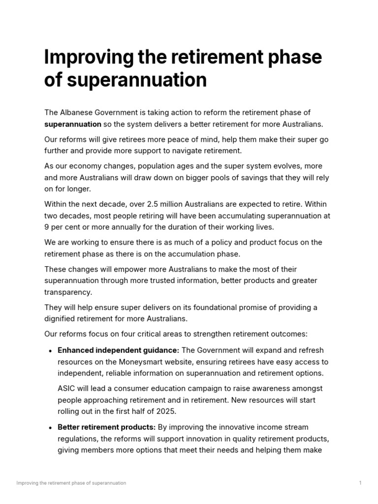 Improving The Retirement Phase of Superannuation | PDF | Pension | Retirement