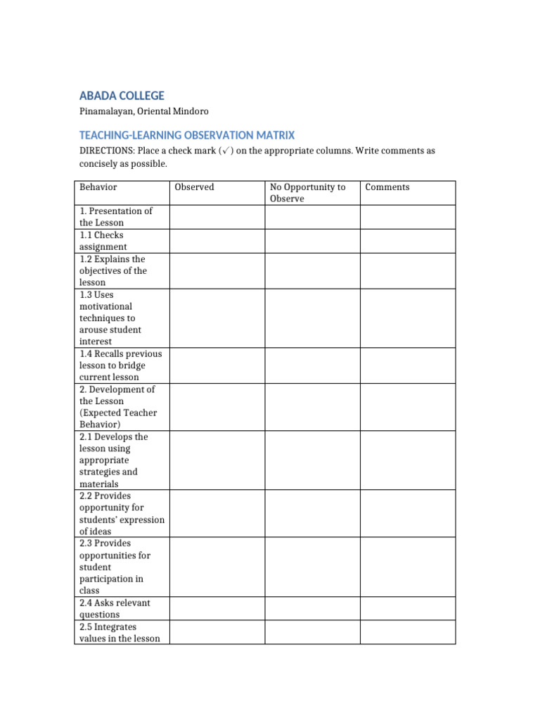 Teaching-Learning Observation Matrix | PDF