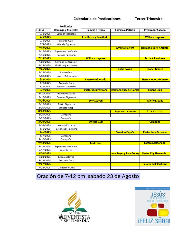 Calendario de Predicaciones 3T 2025 | PDF