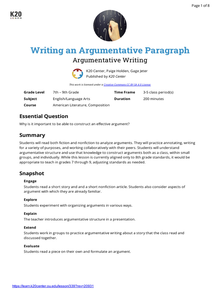 Writing An Argumentative Paragraph | PDF | Argument | English Studies