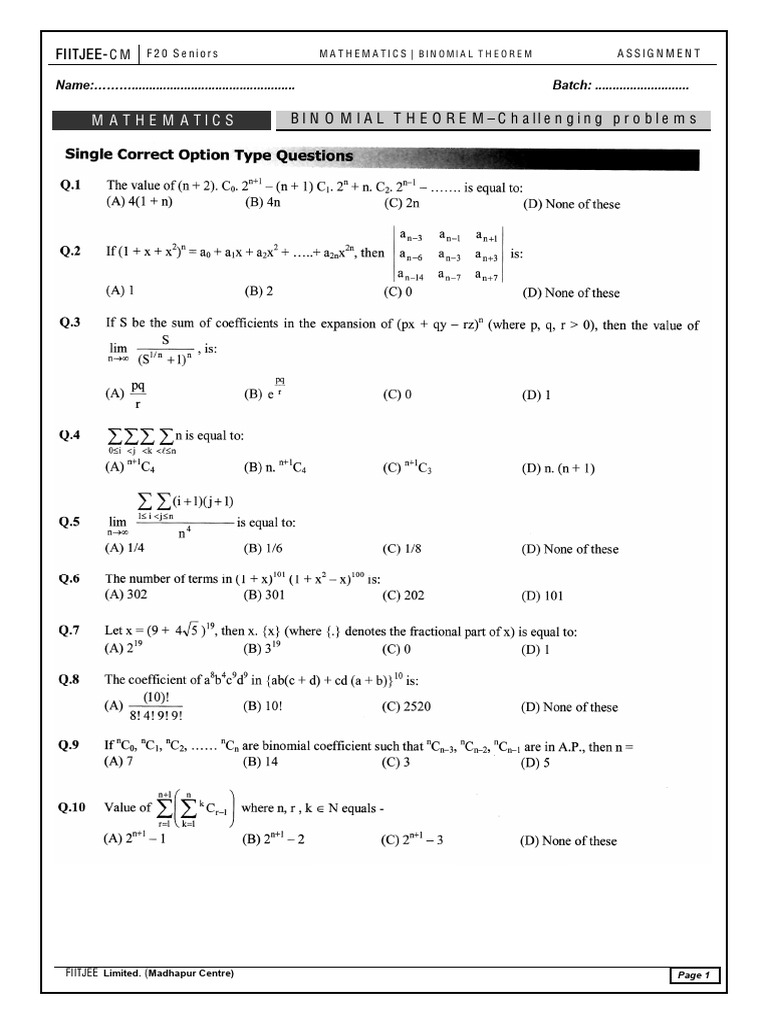 8 - Maths - Assignment (Binomial Theorem) Lakshya | PDF