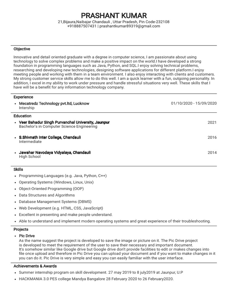 Prashant Kumar Resume - 2 | PDF | Object Oriented Programming | Computer Programming