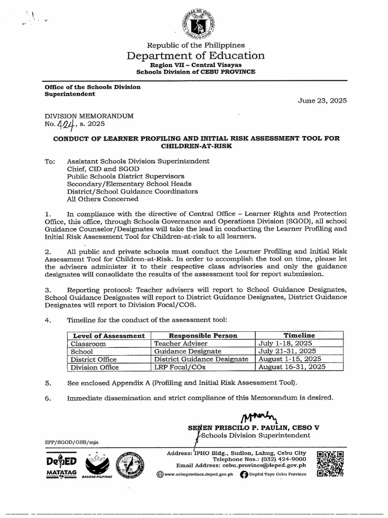 DM s2025 424 Learner Profiling and Initital Risk Assessment Tool | PDF