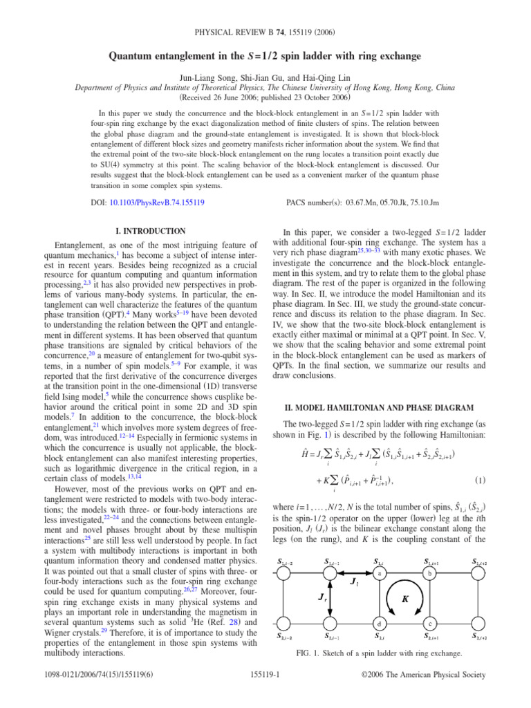 Quantum Entanglement in The Spin Ladder With Ring Exchange | PDF | Quantum Entanglement | Spin ...