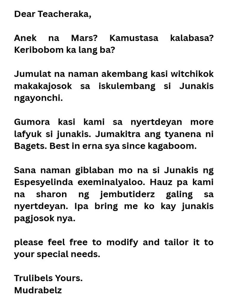 Dear Teacheraka, Anek Na Mars Kamustasa Kalabasa Keribobom Ka Lang Ba ...