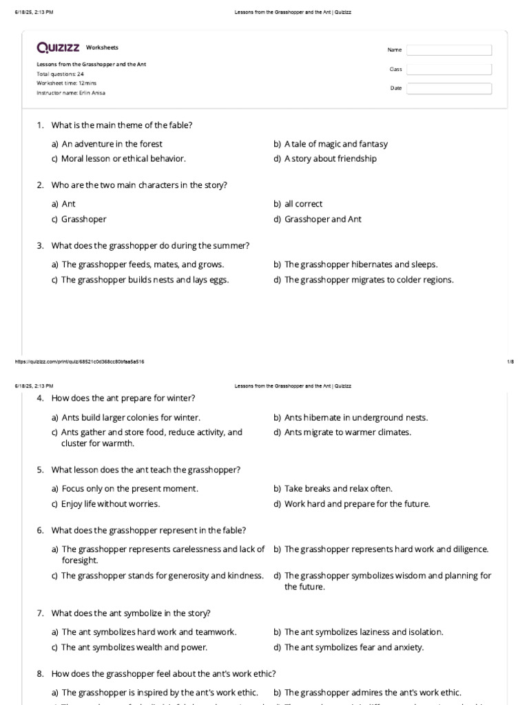 Questions on Ant and Grasshopper Fable | PDF | Fable | Ant