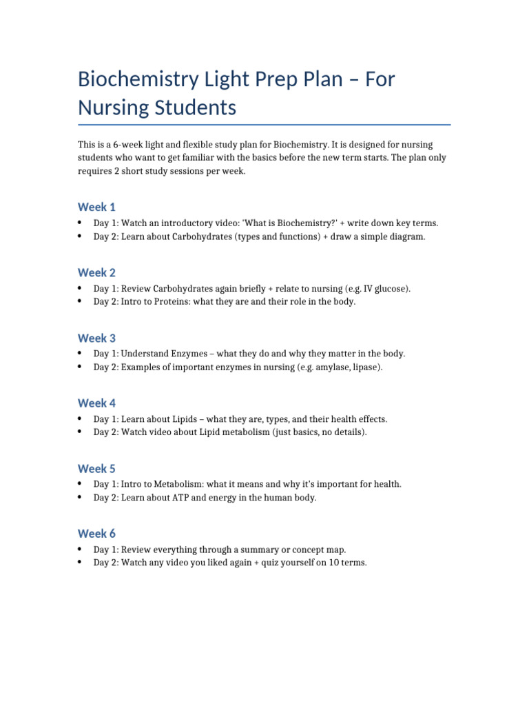 Biochemistry Prep Plan Nursing | PDF