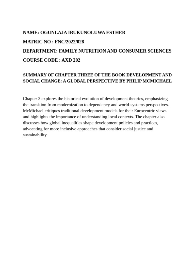 Axd Chapter 3 Summary Assignment (Autorecovered) | PDF | Sustainability | World Systems Theory