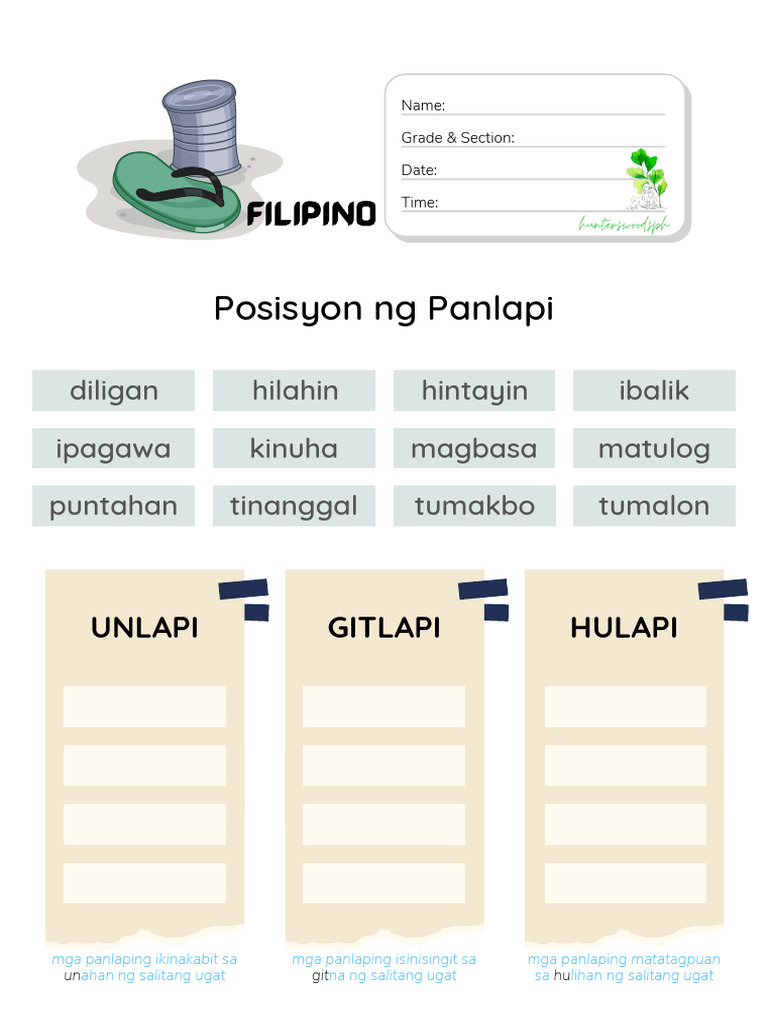 HuntersWoodsPH - Filipino - Mga Pandiwa Worksheet 5 Posisyon NG Panlapi ...