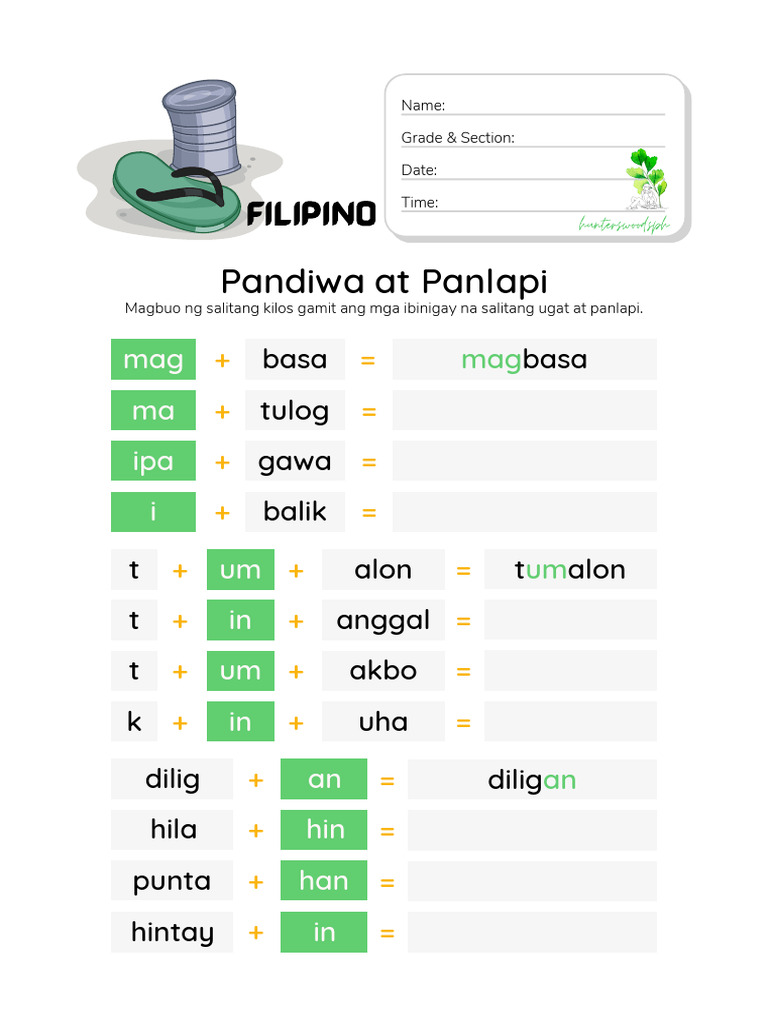 HuntersWoodsPH - Filipino - Mga Pandiwa Worksheet 4 Pagbuo NG Salitang ...