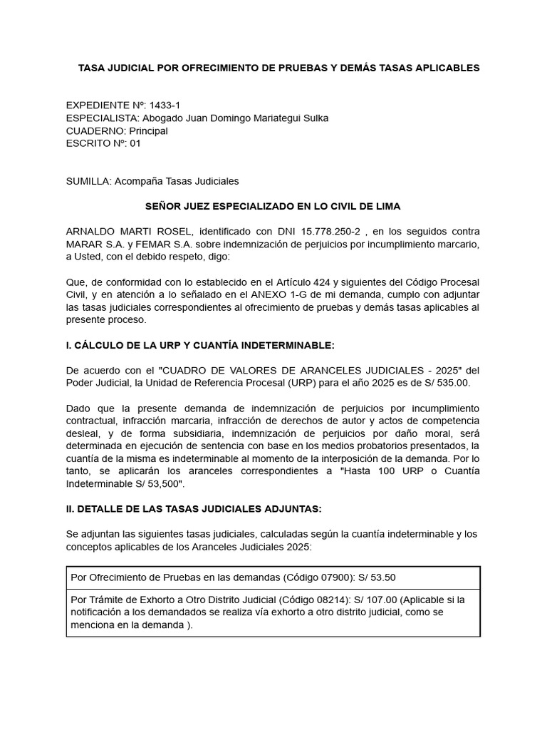 Anexo 1 - G Tasa Judicial Por Ofrecimiento de Pruebas y Demás Tasas Aplicables | PDF | Demanda ...