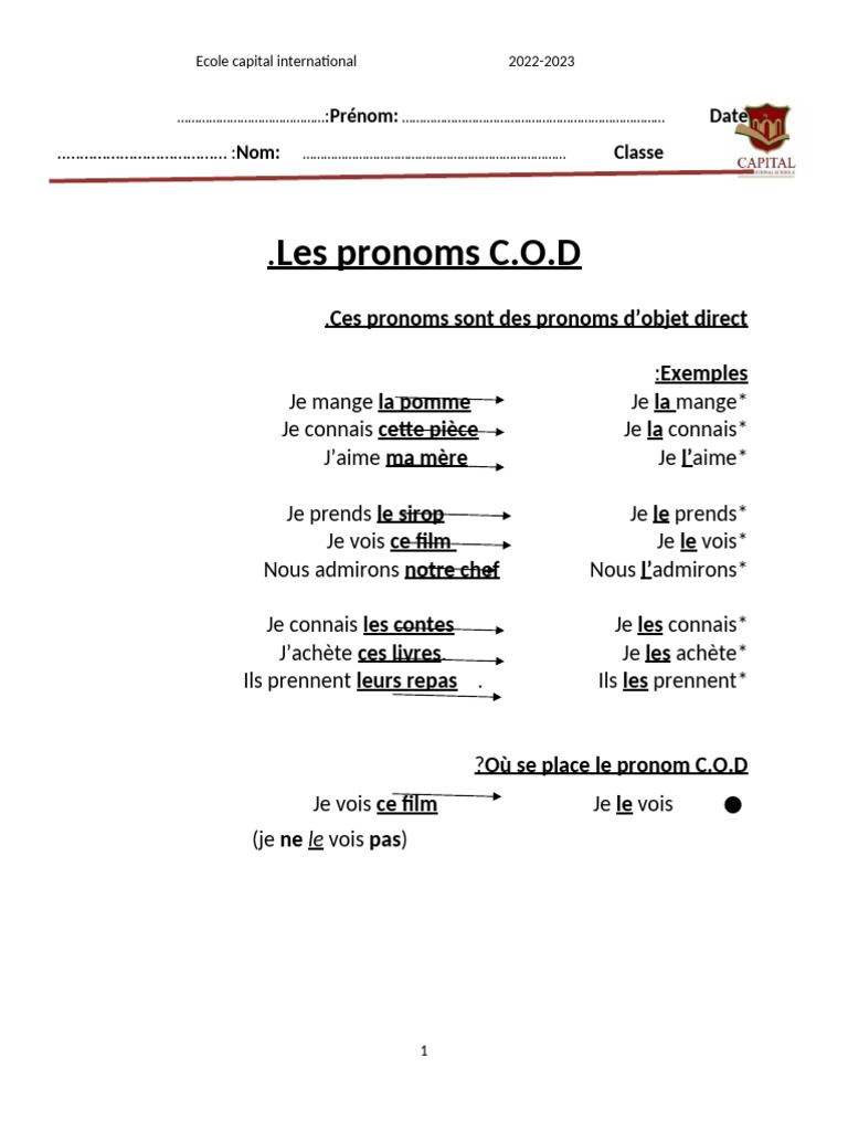 Pronoms C.O.D : Exercices et Exemples | PDF