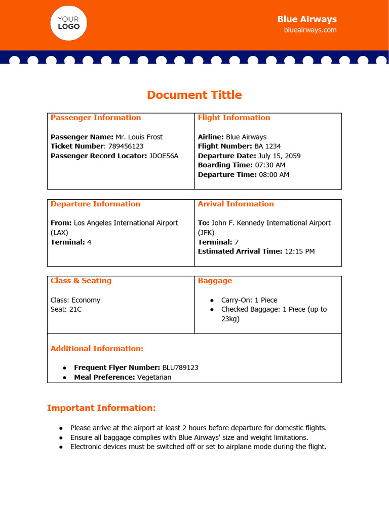 Printable Airline Ticket Template | PDF