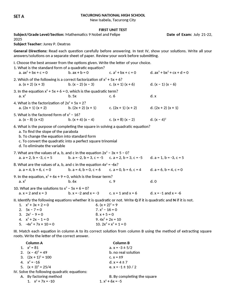 First Unit Test - Math 9 2025-2026 | PDF | Quadratic Equation ...