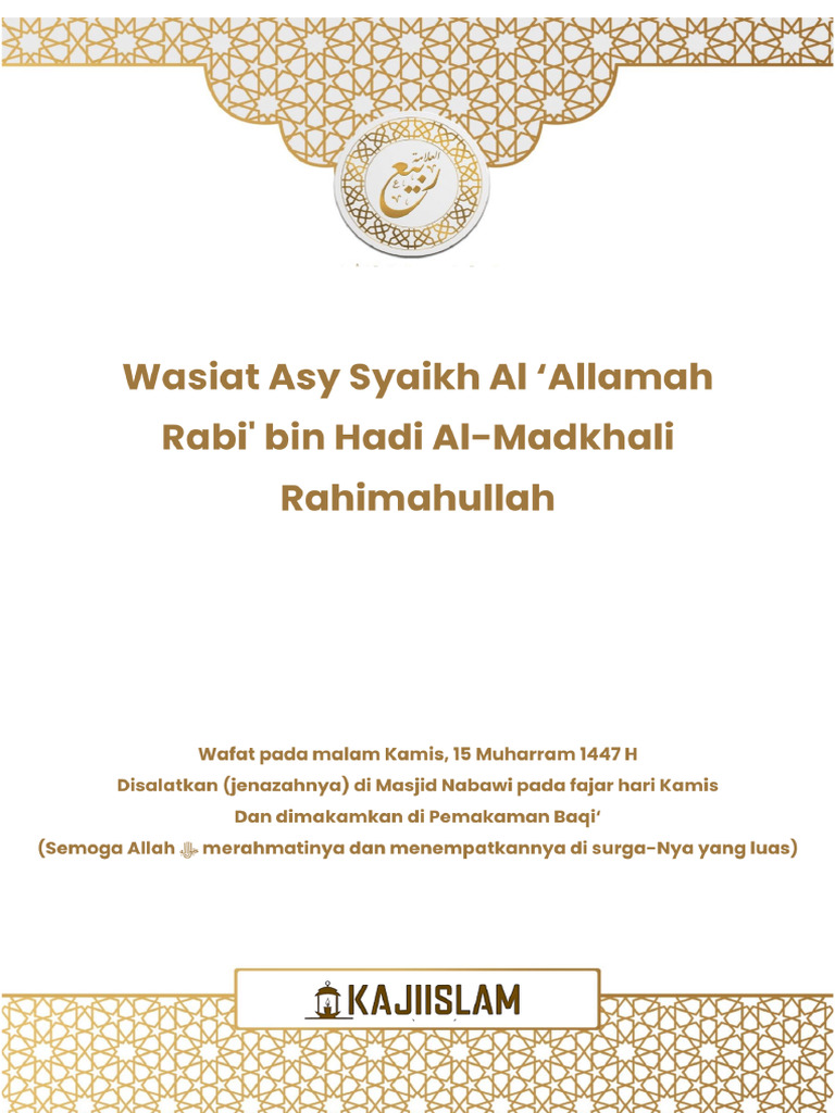 Wasiat Syaikh Rabi' untuk Umat Islam | PDF