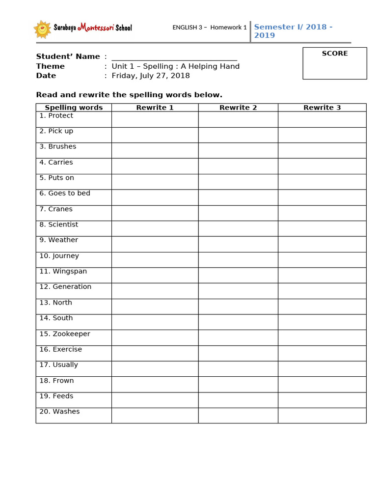 Spelling Note Unit 1 | PDF