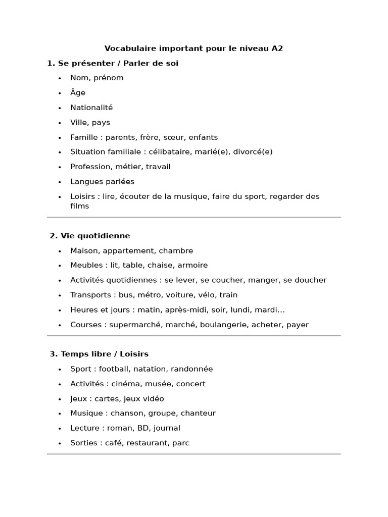 Vocabulaire essentiel Français A2 | PDF