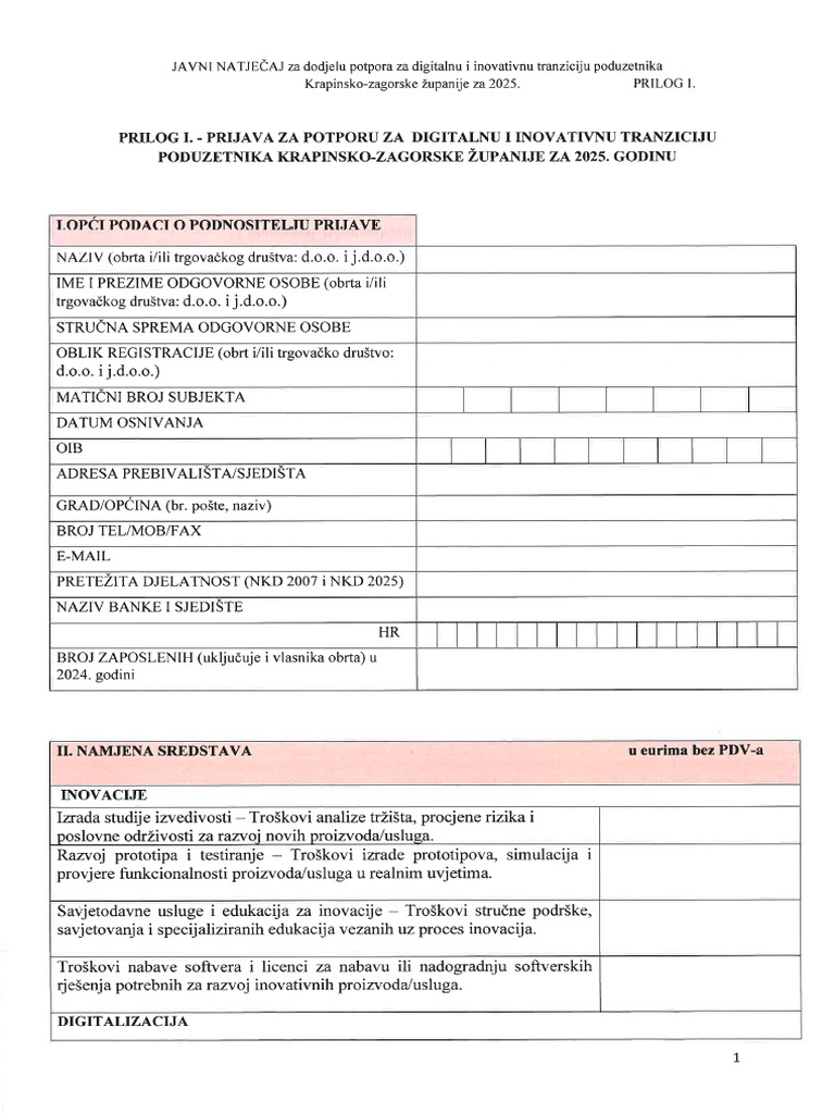 Prilog I. Obrazac Prijava 1 | PDF
