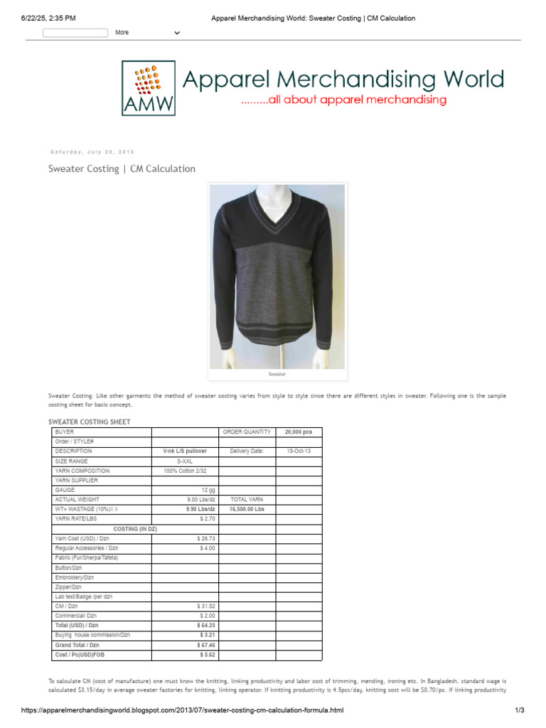Sweater Costing and CM Calculation Guide | PDF | Knitting | Sweater