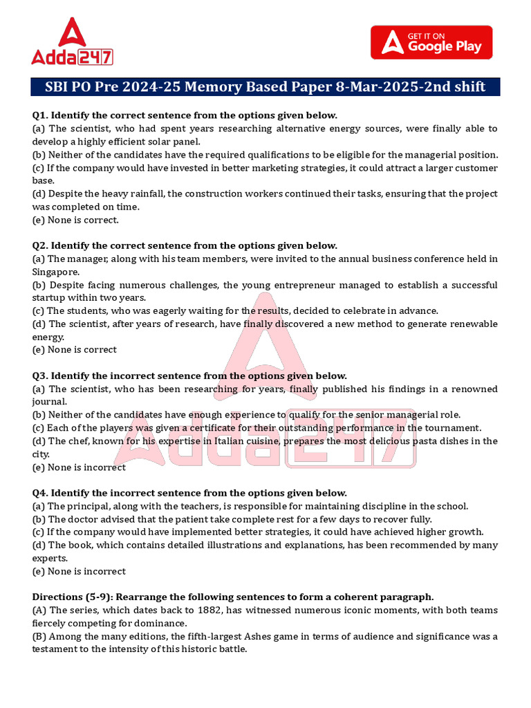SBI PO Pre 2024 25 Memory Based Paper 8 Mar 2025 2nd Shift 676623 | PDF ...