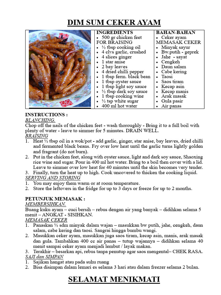 Resep Dim Sum Ceker Ayam Kecap | PDF | Soy Sauce | Cuisine