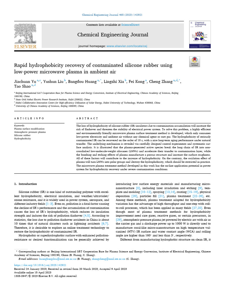 Rapid Hydrophobicity Recovery of Contaminated Silicone Rubber Using Low ...