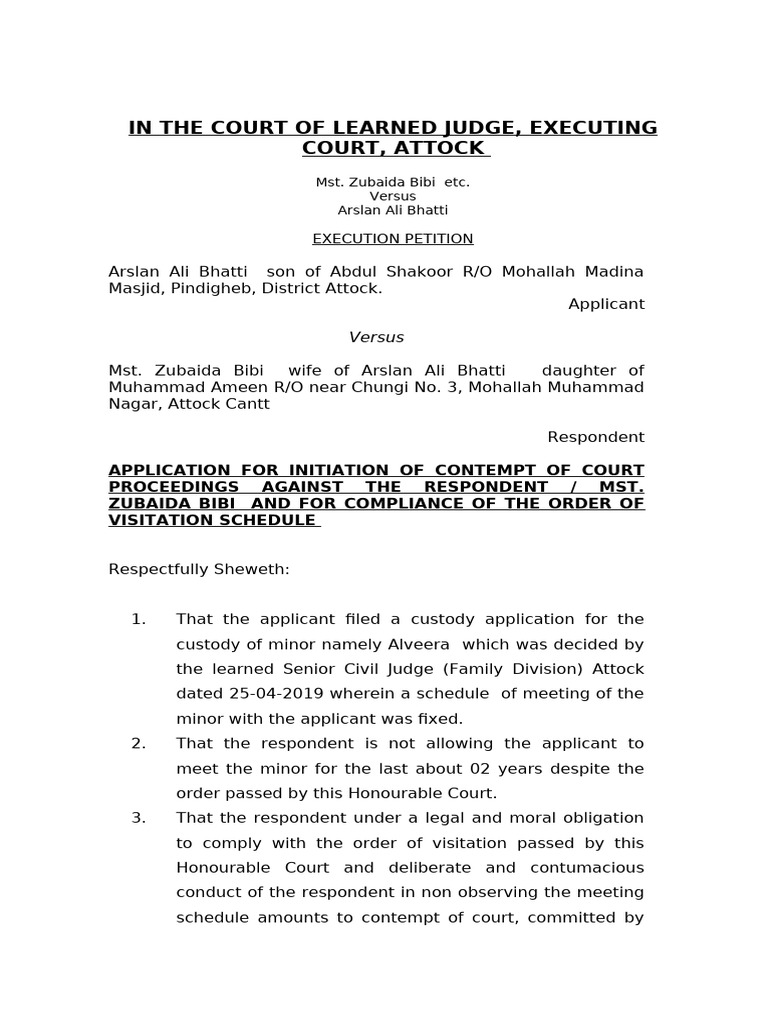 Application For Compliance of Order of Visitation Schedule in Execution ...