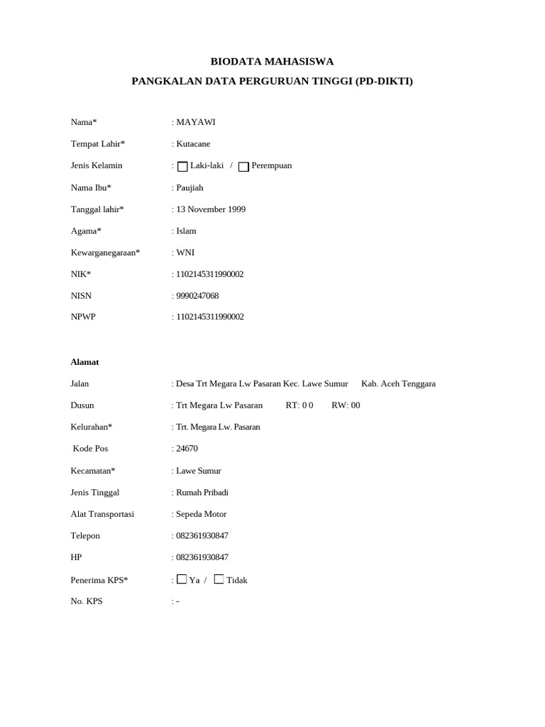 Biodata Mahasiswa Mayawi | PDF