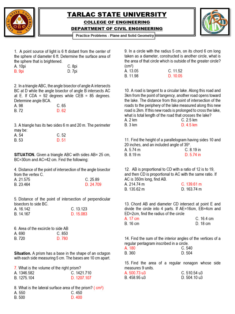 Tsu m03 Practice Problems Plane and Solid Geometry | PDF | Circle | Area