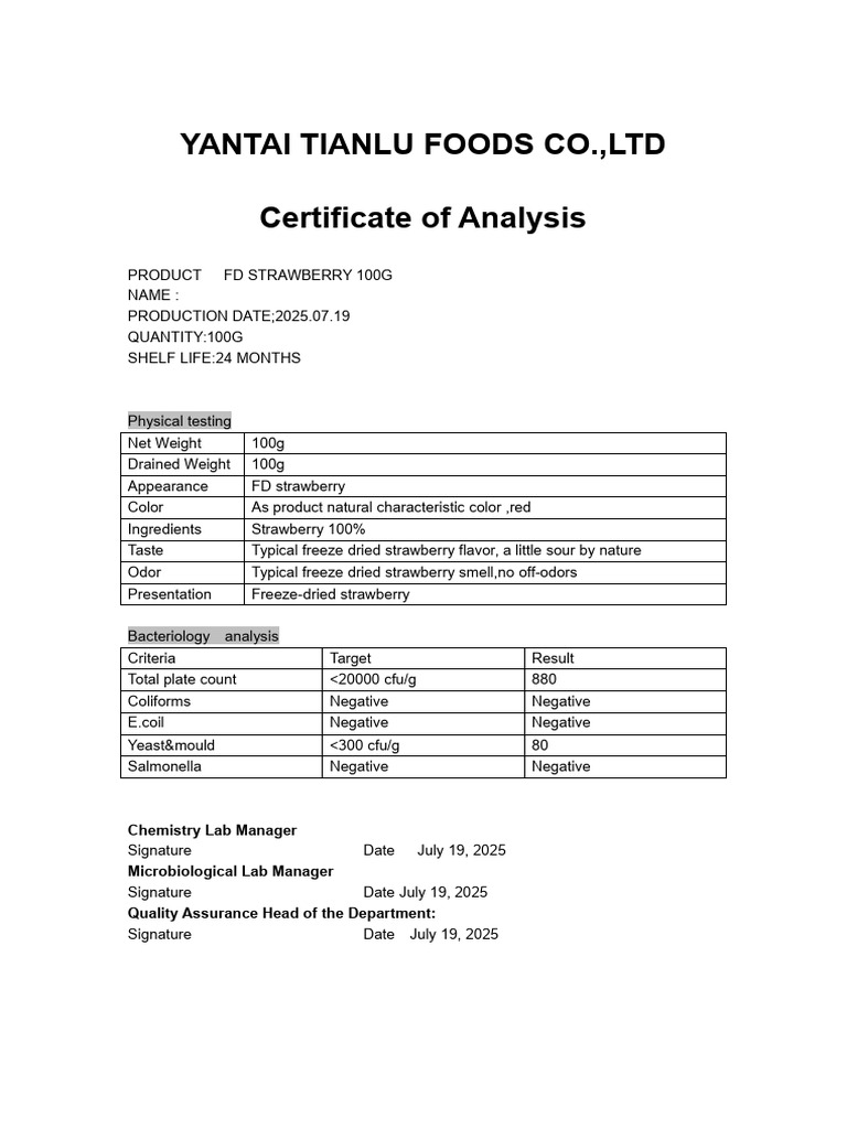 Certificate of Analysis for FD Strawberry | PDF