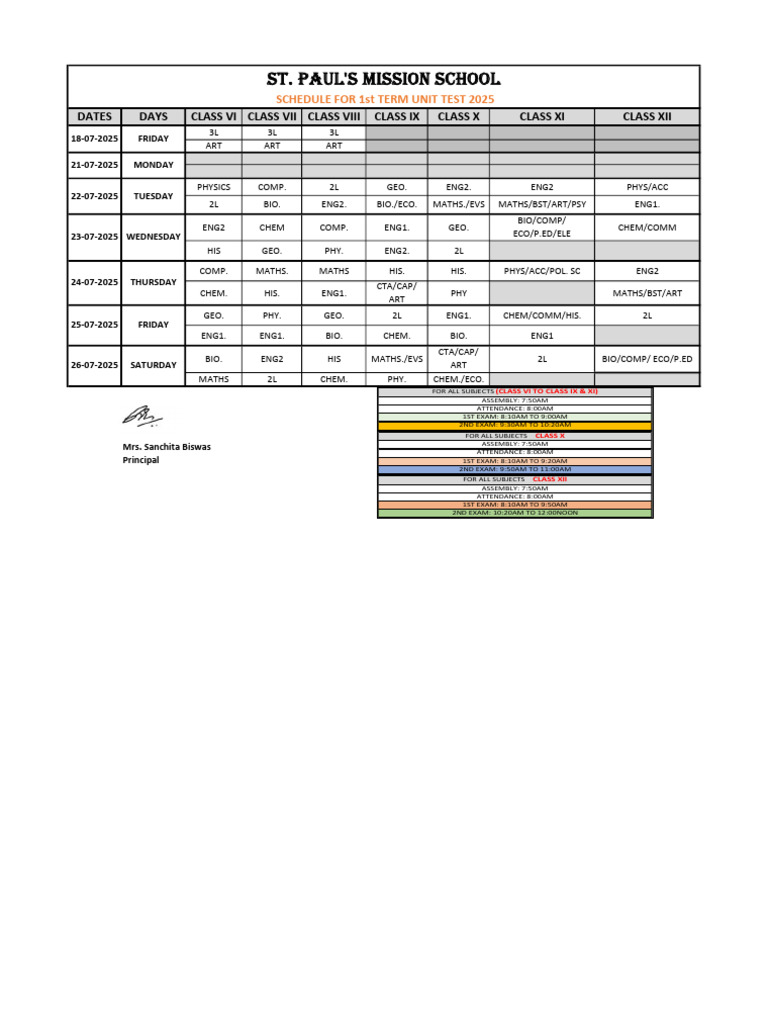 2025 1st Term Unit Test Schedule | PDF
