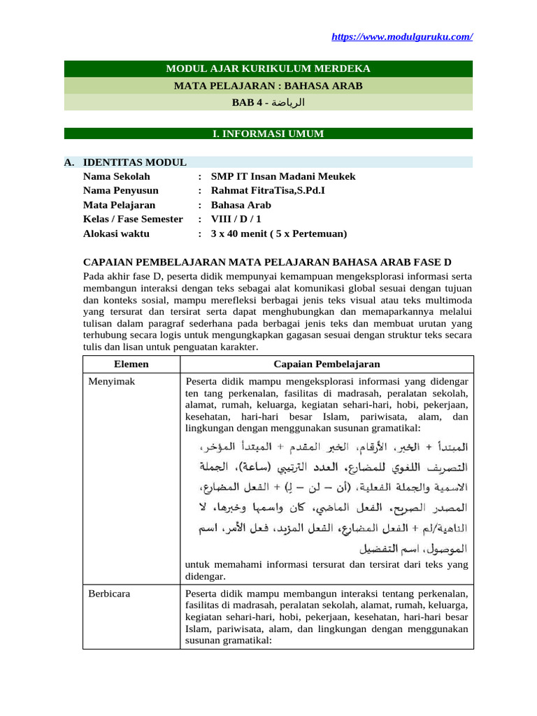 Modul Ajar Bahasa Arab Kelas 8 Bab 4 2025 | PDF