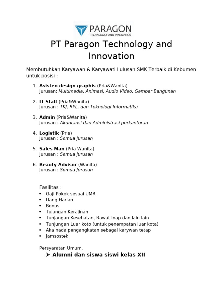 Lowongan Kerja di PT Paragon Kebumen | PDF