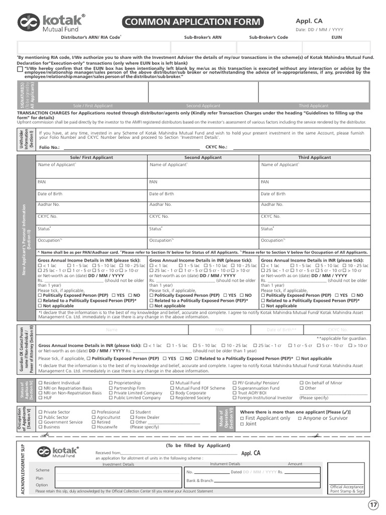 Kotak Mutual Fund Common Application Form | PDF | Dividend | Investing