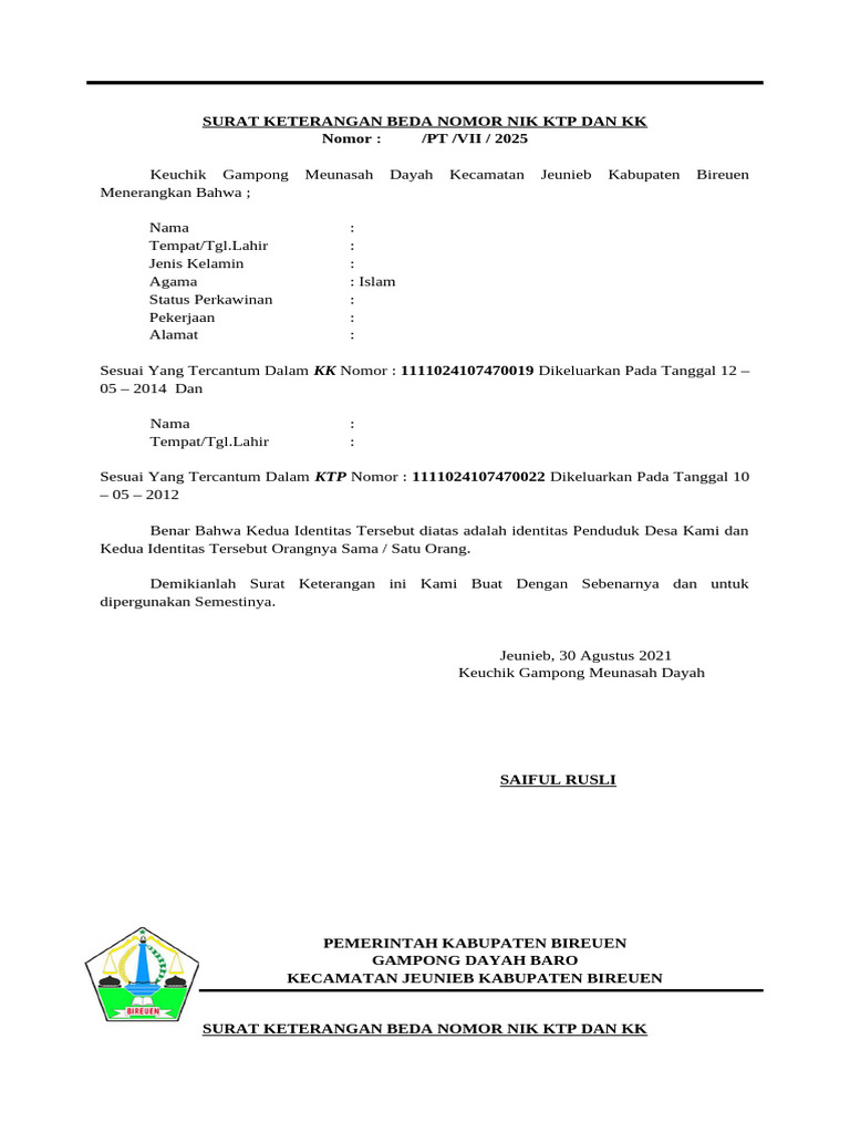 Surat Keterangan Beda Nomor Nik KTP Dan KK | PDF