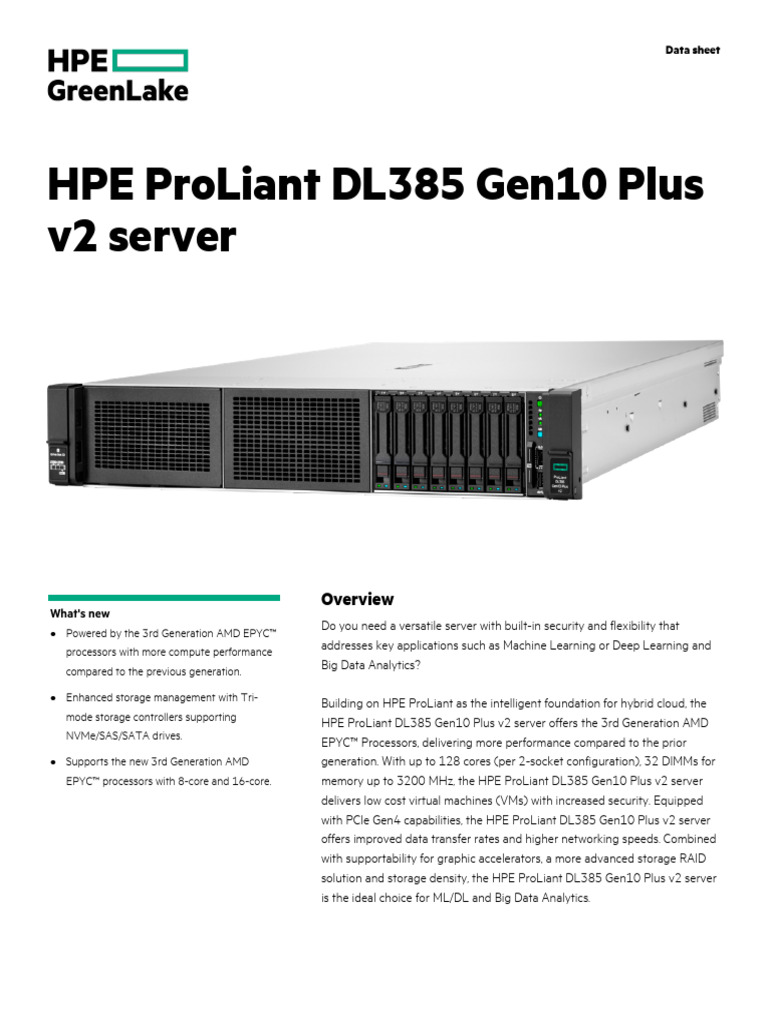 HPE ProLiant DL385 Gen10 Plus v2 Server Data Sheet | PDF | Central Processing Unit | Computing
